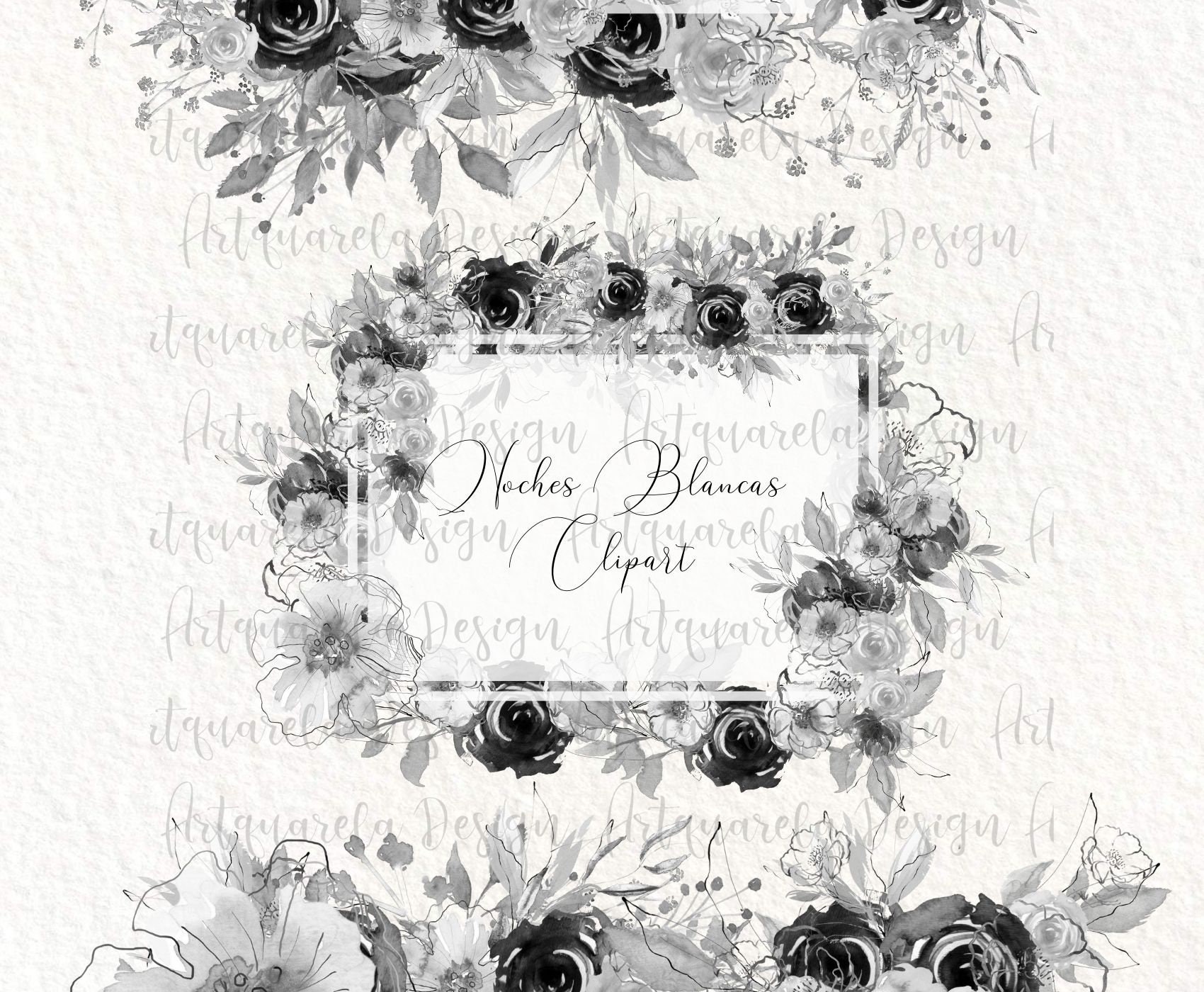 6 Dark Grey Floral Frames Set Clipart Black & White Floral - Etsy