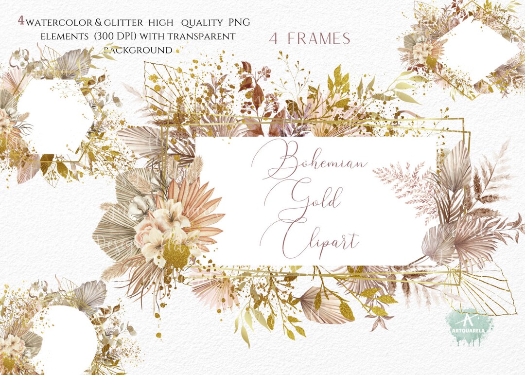 Watercolor Gold Floral Frames Clipart: Boho Dried Leaves (digital ...