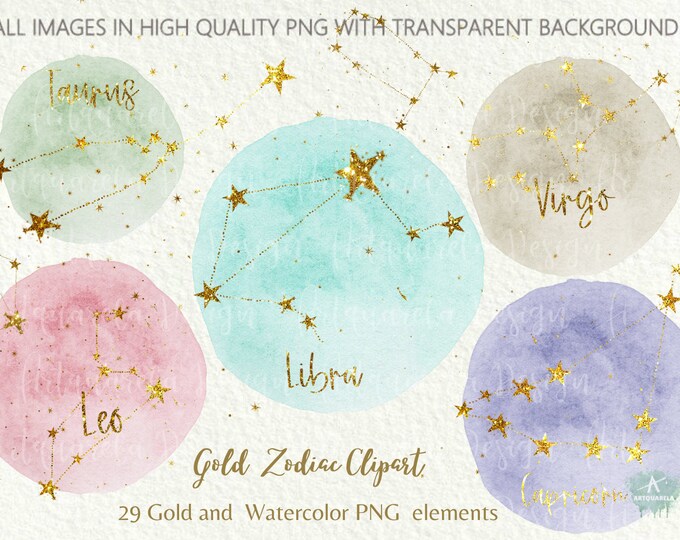 Gold Zodiac Constellations Clipart: Pink Watercolor Astrology (PNG ...