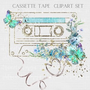 Cassette Tape Clipart Set- Watercolor & Glitter Cassette Png ...