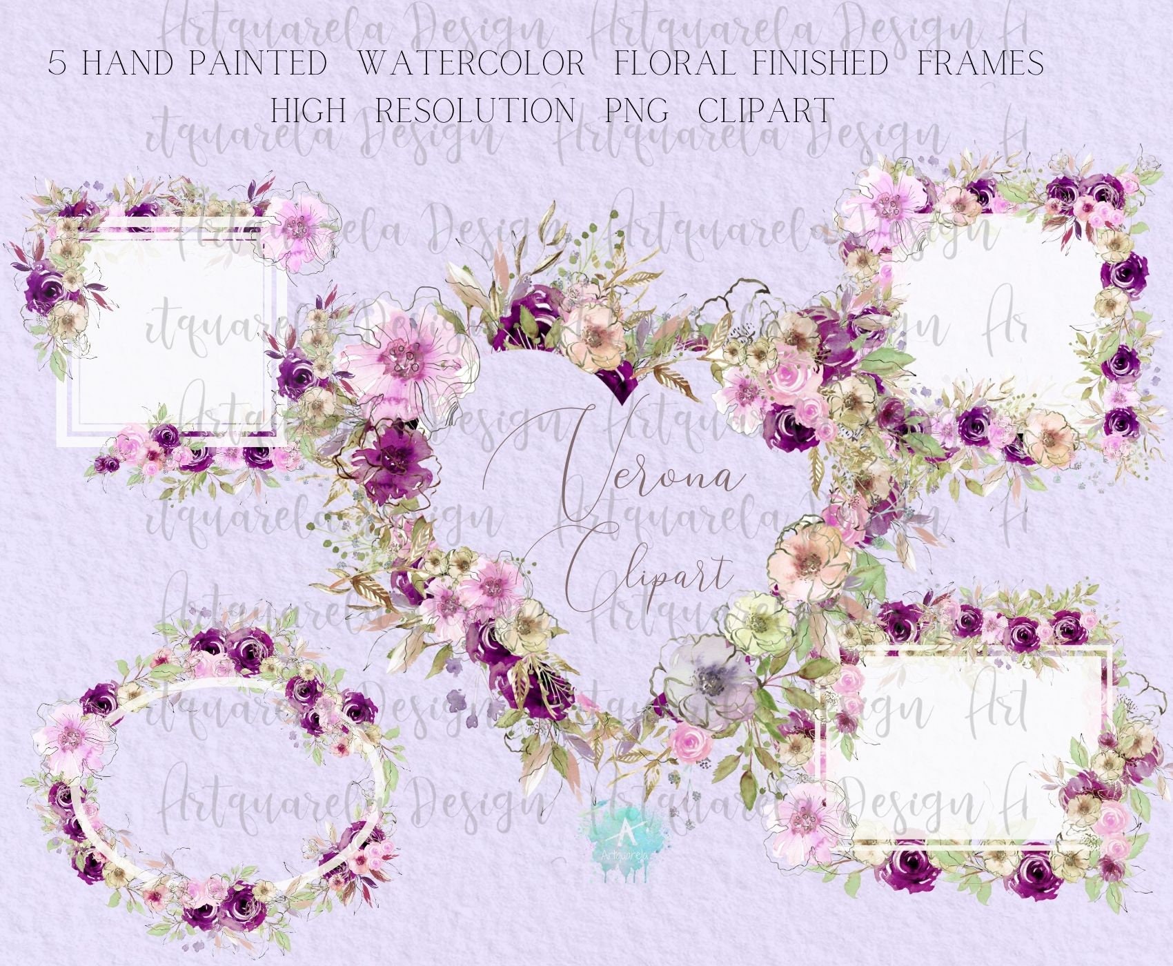 Watercolor Floral Purple & Lilac Floral Geometric Frames - Etsy
