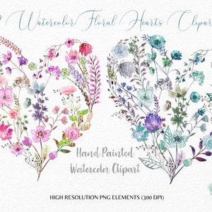 2 Watercolor Floral Hearts Clipart Png-blue Flowers Love Heart-pink ...