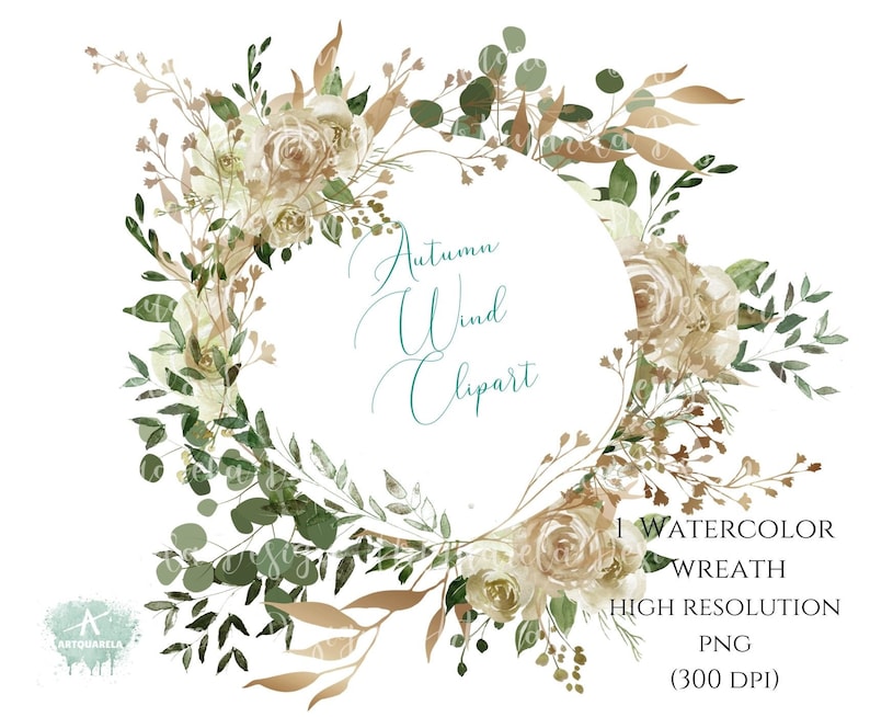 1 Neutral Greenery Circle Wreath Clipart Watercolor Neutral | Etsy