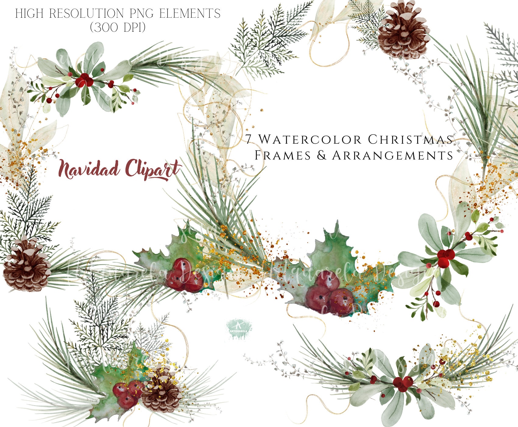 Watercolor Christmas Frames PNG Arrangements Clipart Wreath - Etsy