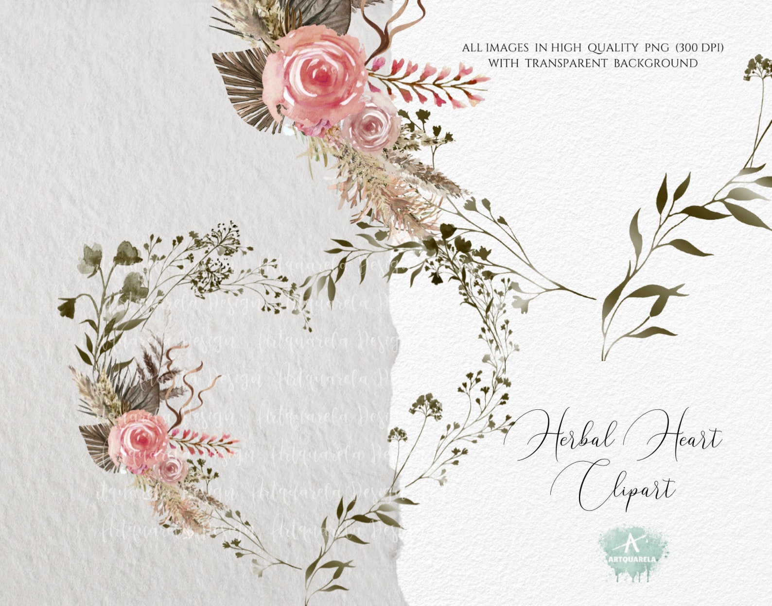 Greenery Heart Wreath Frame Clipart Watercolor Dried Leaves - Etsy