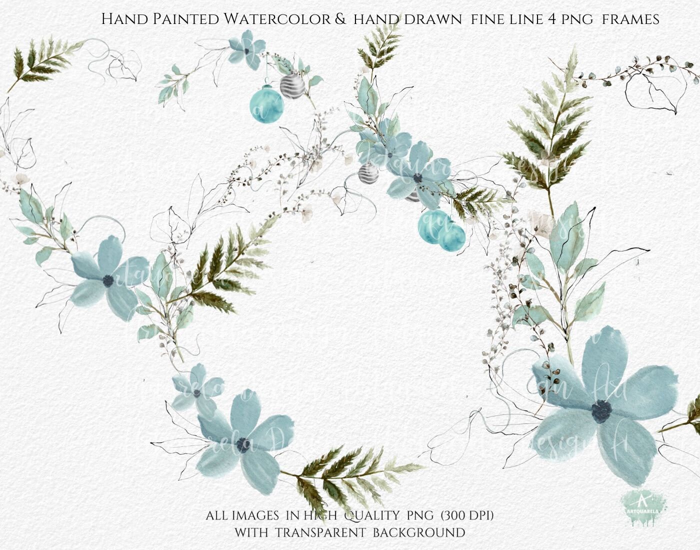 Christmas Clipart Watercolor & Hand Drawn Fine Line Christmas - Etsy