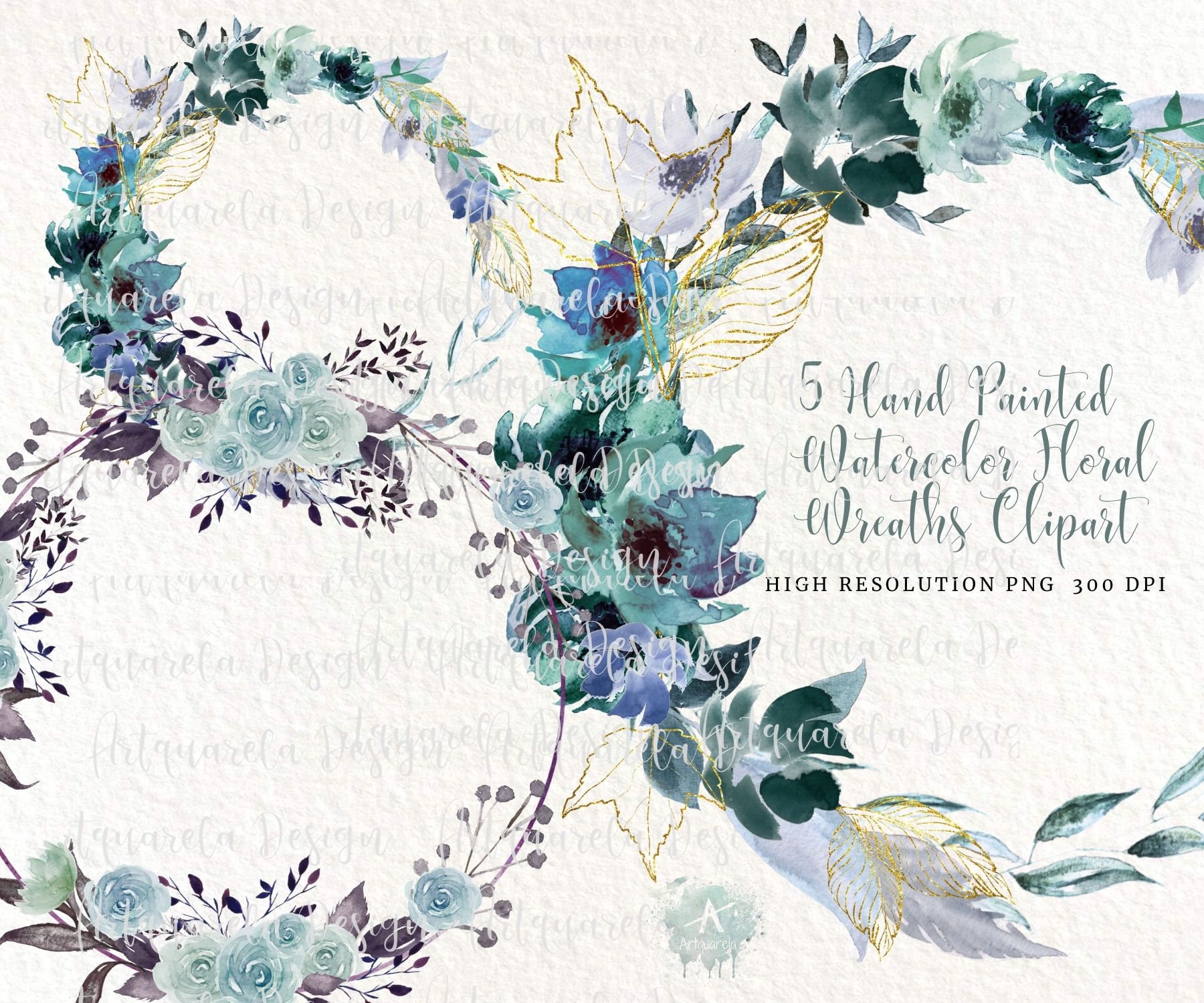 5 Blue floral wreathsWatercolor & glitter floral wreaths | Etsy