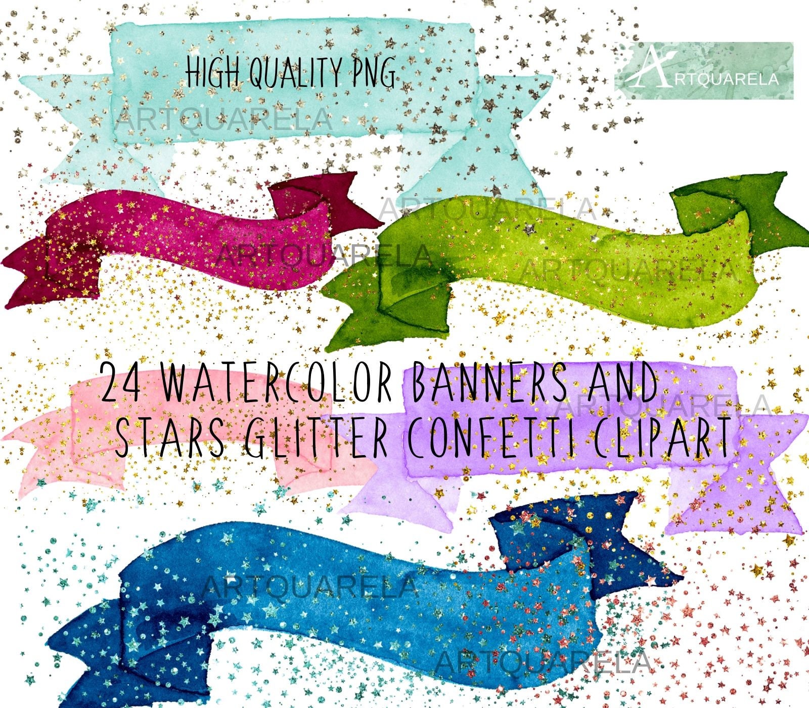 Watercolor Banners Set Clipart Stars Glitter Confetti | Etsy