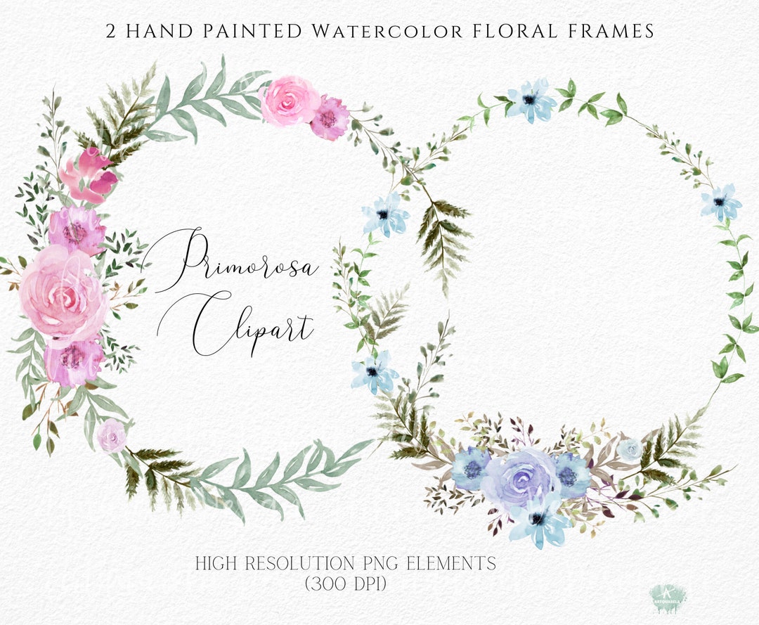 Watercolor Floral Wreath Clipart: Pink & Blue Flower Frames (PNG ...