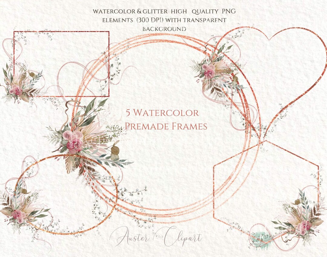 Watercolor Floral Frames Clipart: Rose Gold Boho Wedding Design (PNG ...