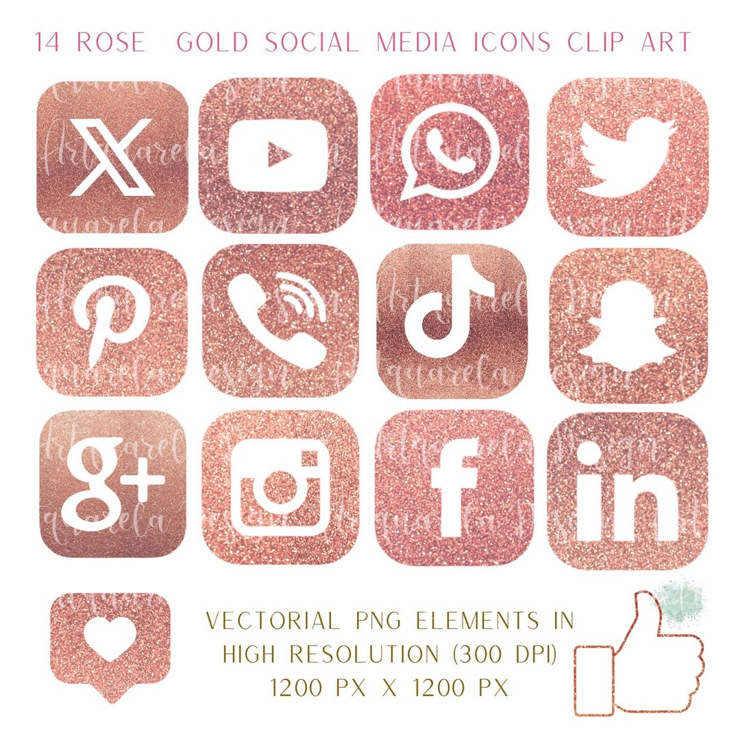 14 Rose Gold Social Media Icons Clip Art - Social Media Buttons Blogs ...