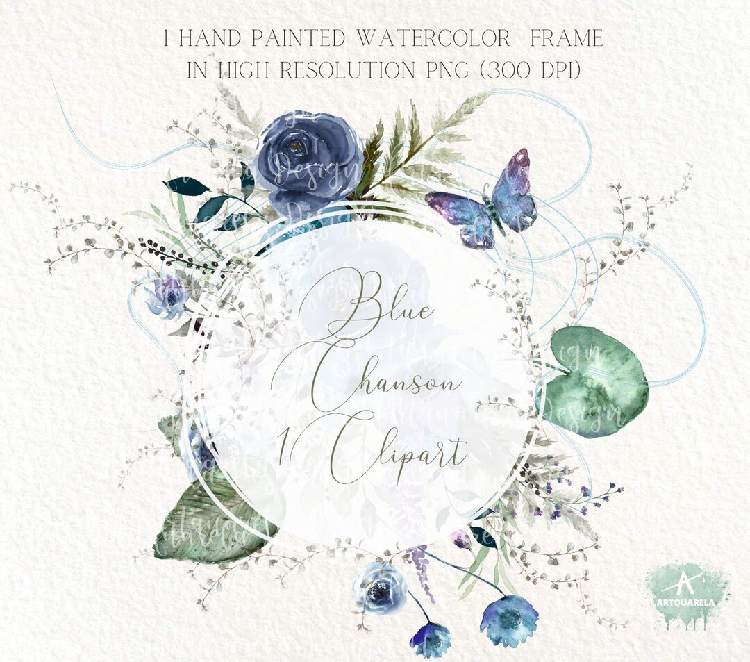 Watercolor Blue Flowers Frame Clipart Organic Boho Blue Roses PNG ...