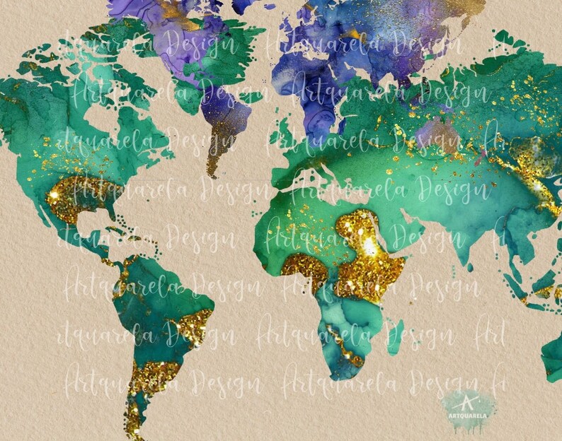 15 World Maps Clipart Watercolor and Glitter Maps Png - Etsy