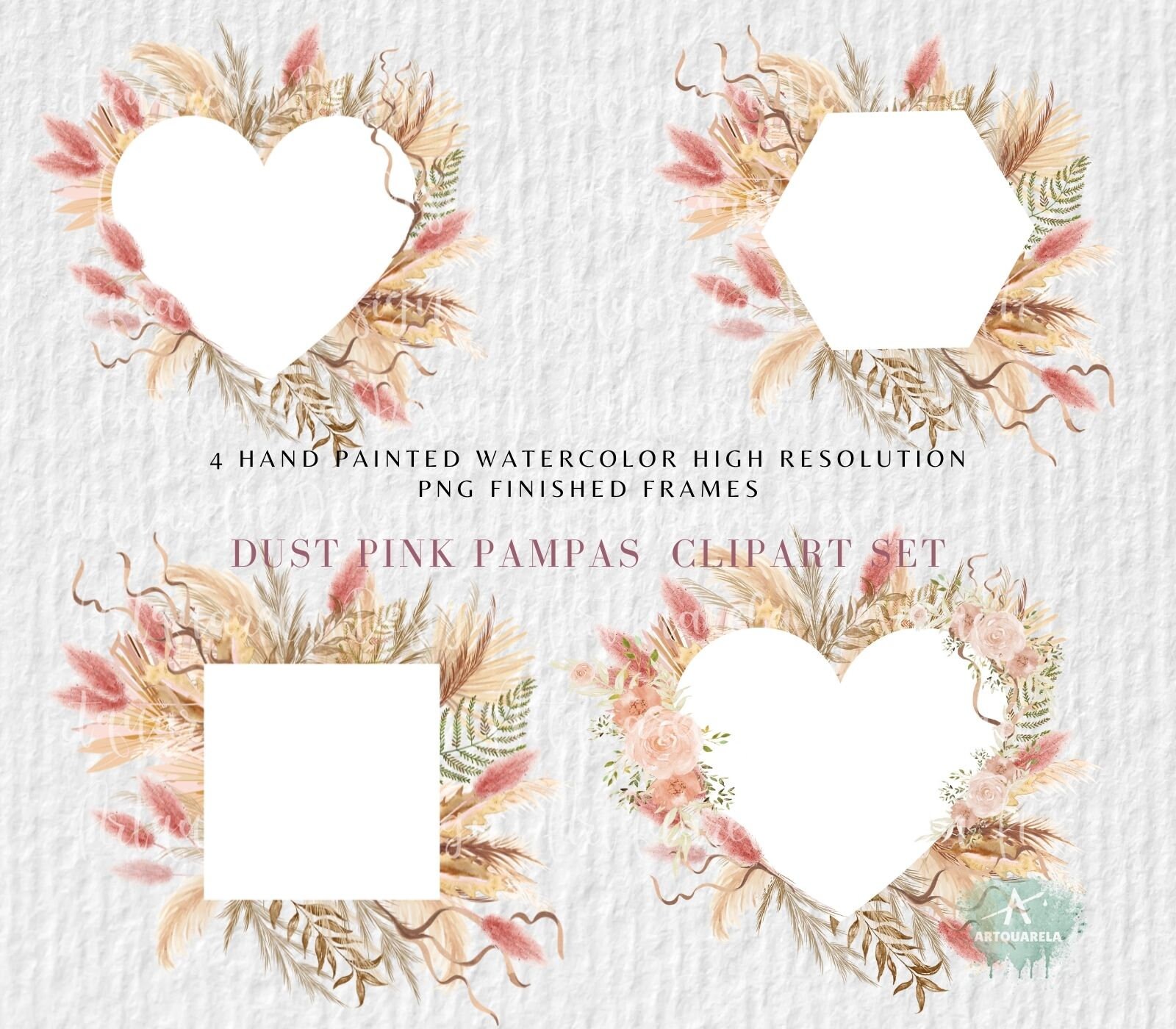 4 Watercolor Pampas Grass Frames Pampas Heart Wreath Boho - Etsy