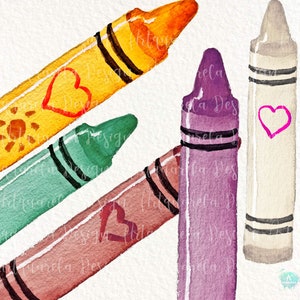 Watercolor Crayon Set Clip Art- Hand Painted Coloring Crayon Teacher ...