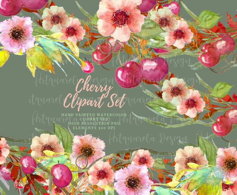 Cherries Clip Art Set Watercolor Cherry Blossom Floral Wreath - Etsy