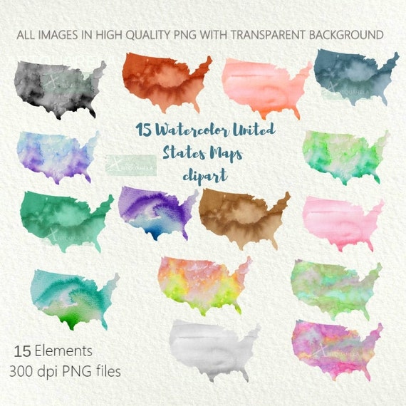 USA Map Watercolor Clipart United States Maps Png. Colorful | Etsy
