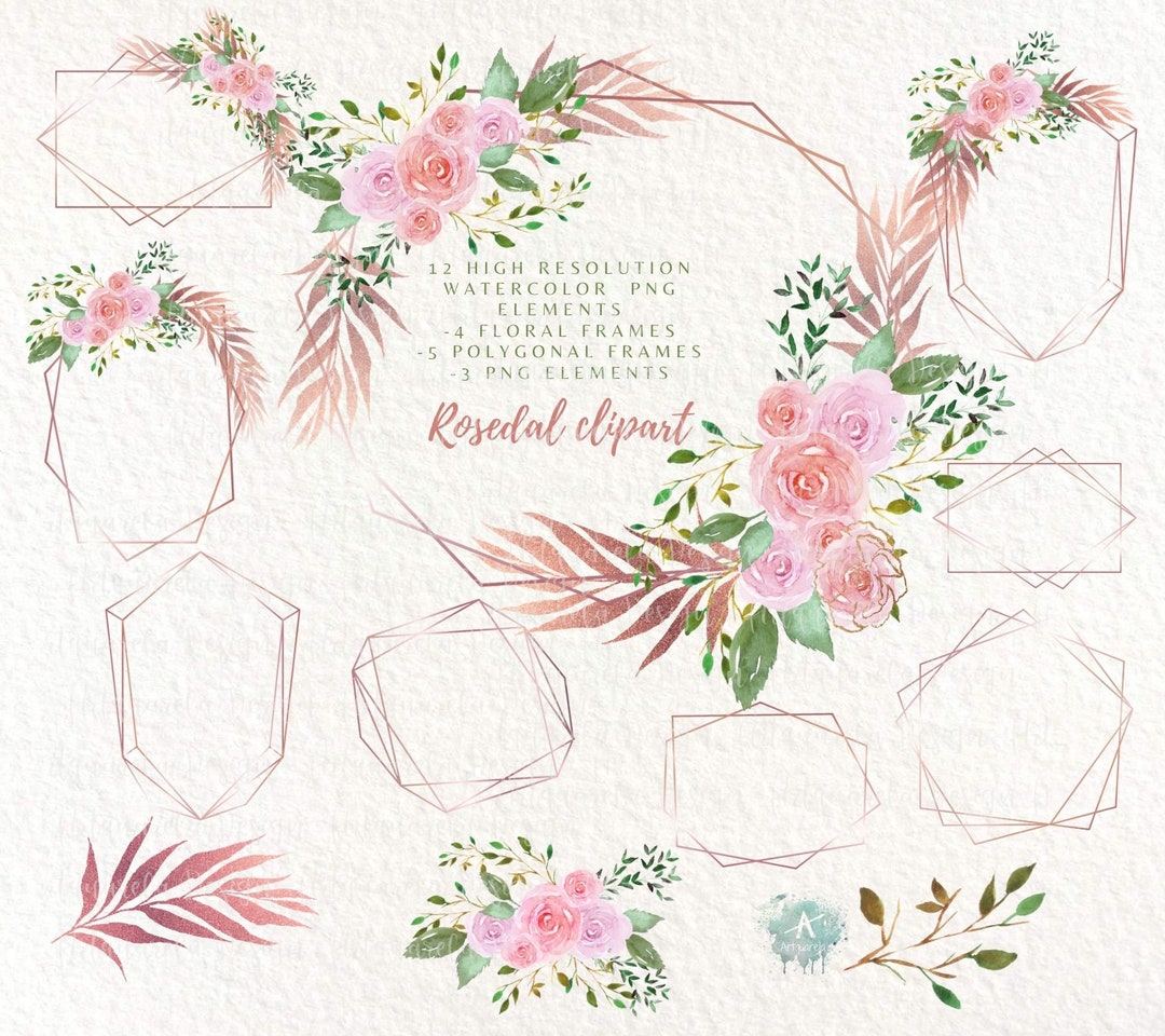 Rose Gold Frames Clipart Set Floral Roses Frames Watercolor Leaves Pink ...