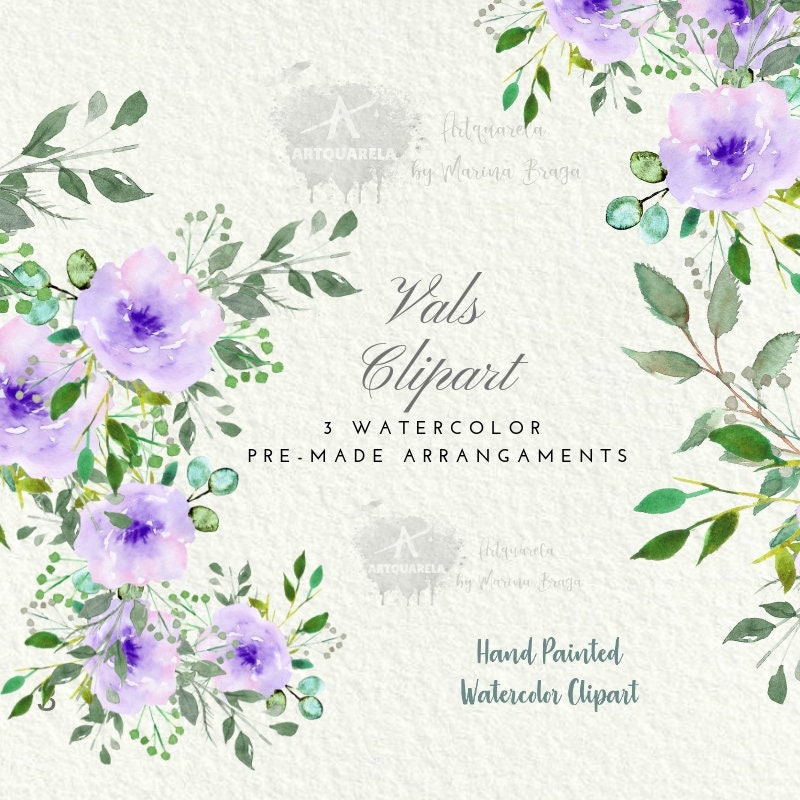 Watercolor Floral Clipart violet Flowers Finished | Etsy