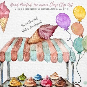 Hand Painted Watercolor Ice Cream Store Clip Art Png- Retro Ice Cream ...