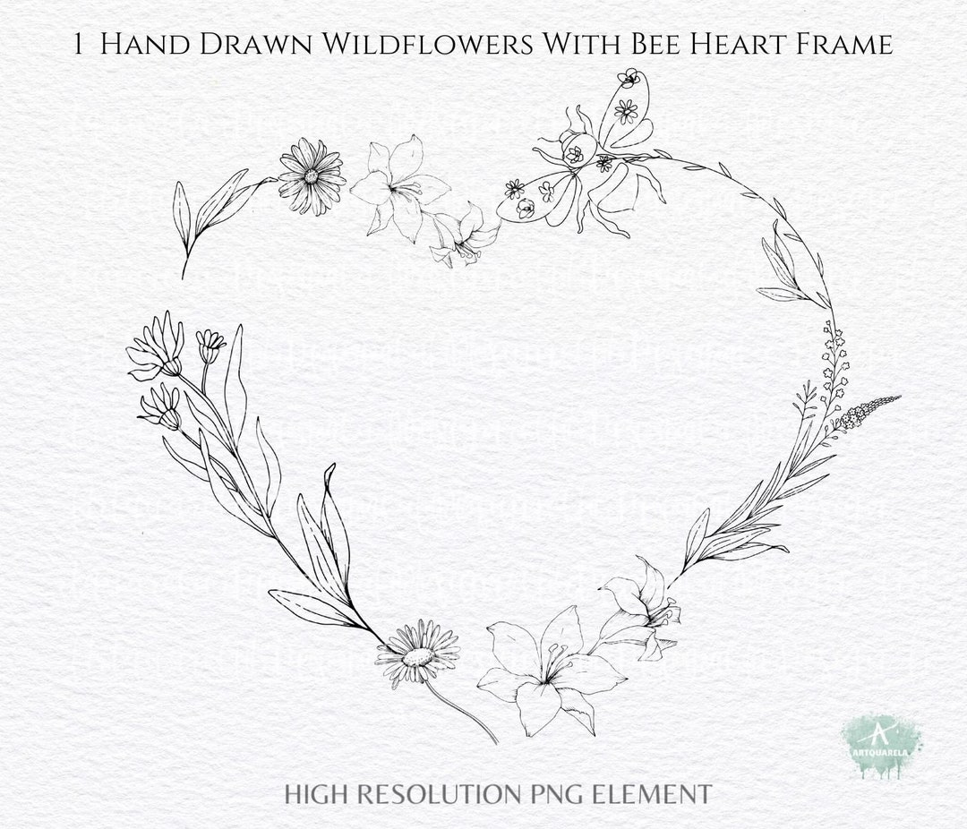 Wildflower Heart Frame Clipart: Hand-drawn Bee Design (PNG) - Etsy