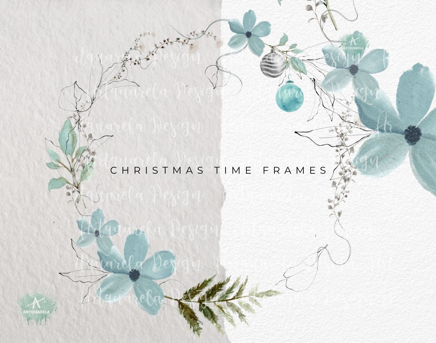 Christmas Clipart Watercolor & Hand Drawn Fine Line Christmas - Etsy