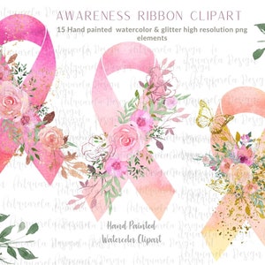 Watercolor Awareness Ribbon Clipart: Floral Breast Cancer Symbol (PNG ...