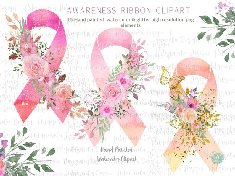 Watercolor Awareness Ribbon Clipart: Floral Breast Cancer Symbol (PNG ...