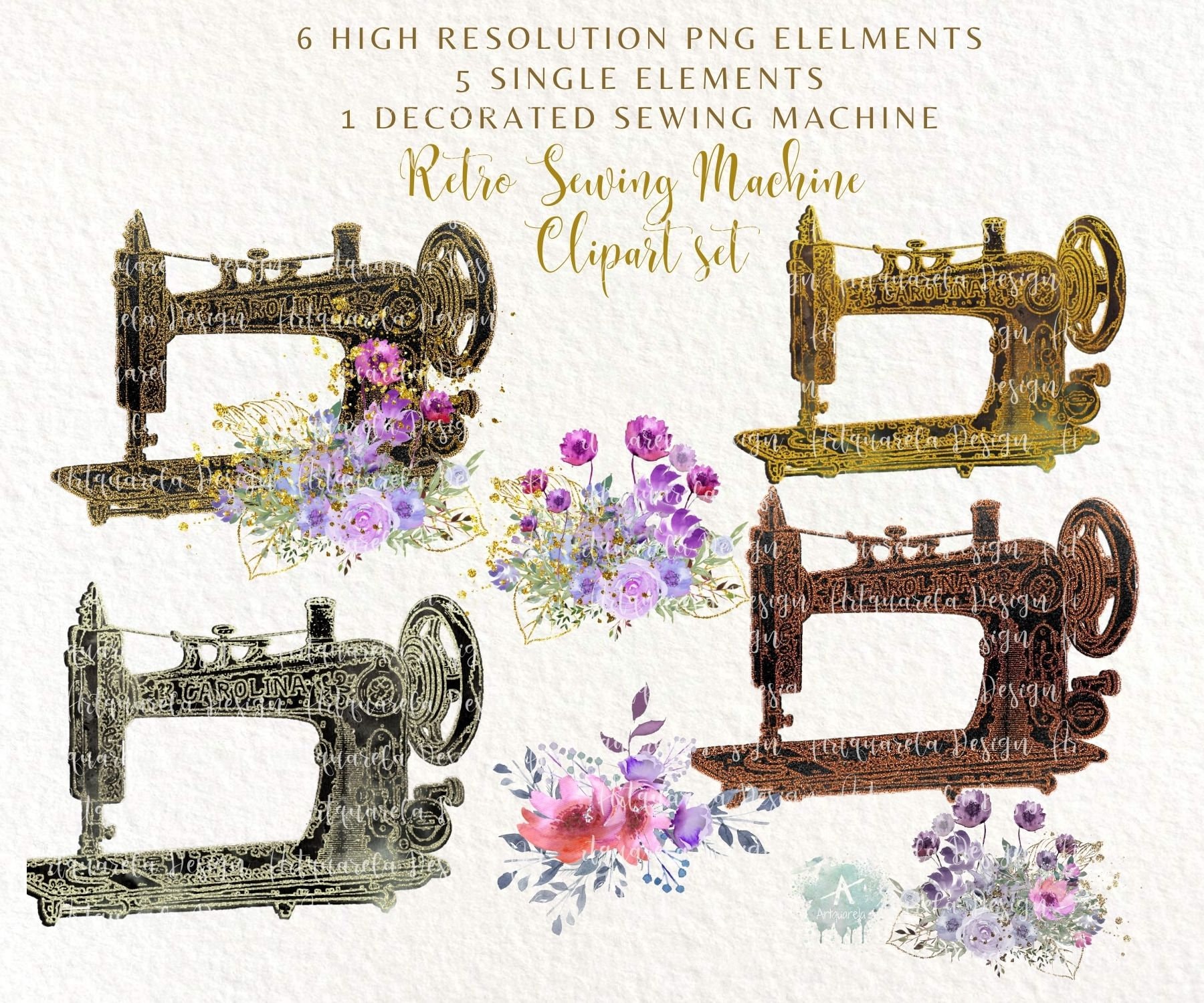 Watercolor & Glitter Floral Sewing Machine Png Retro Sewing - Etsy