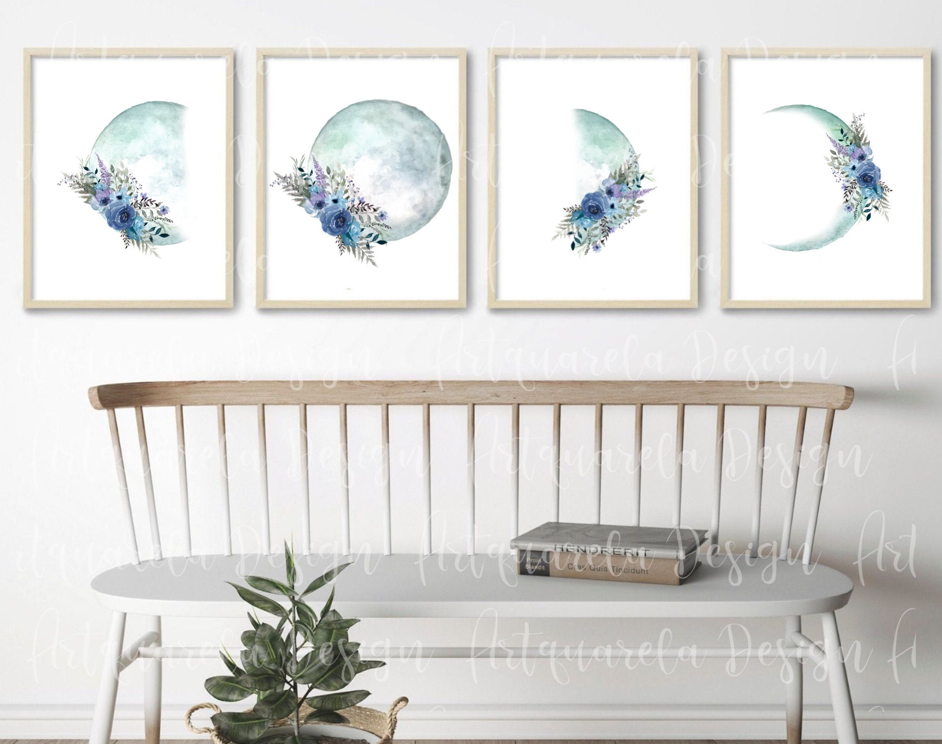 Floral Moon Phases Clipart-watercolor Light Blue Moon With - Etsy