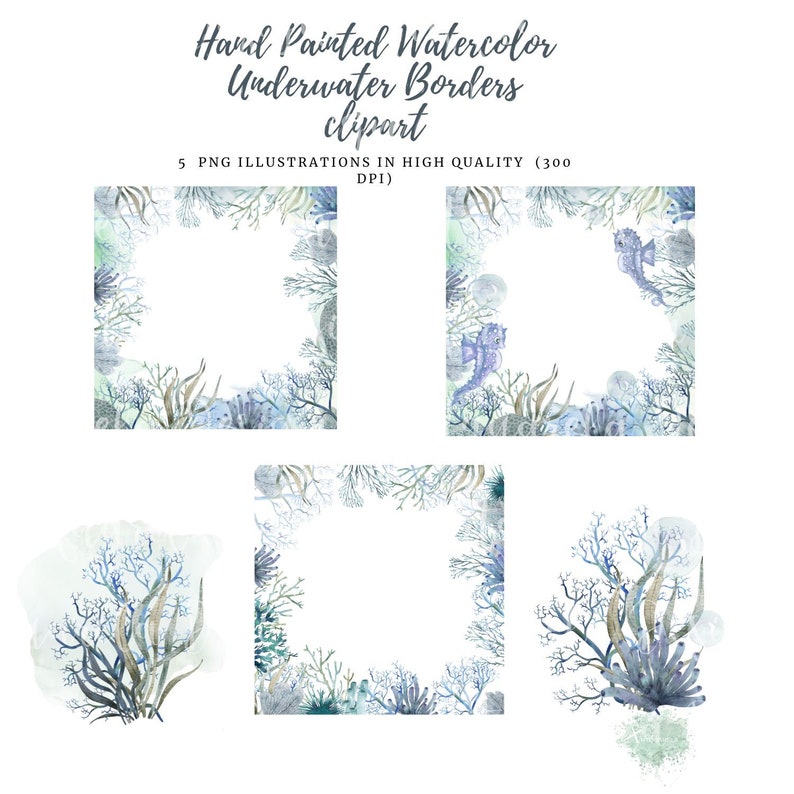 Watercolor Underwater Clip Art: Seahorse, Coral Borders (PNG, 300 DPI ...