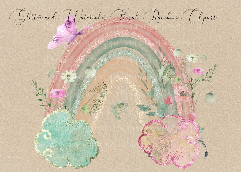 Glitter Rainbow Clipart Rainbow With Butterflies Clouds & Wild - Etsy