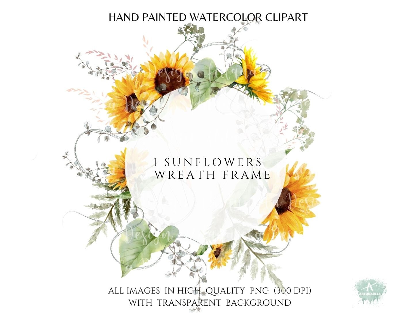 Sunflower Wreath Frame Clipart Watercolor Floral Wreath Png - Etsy