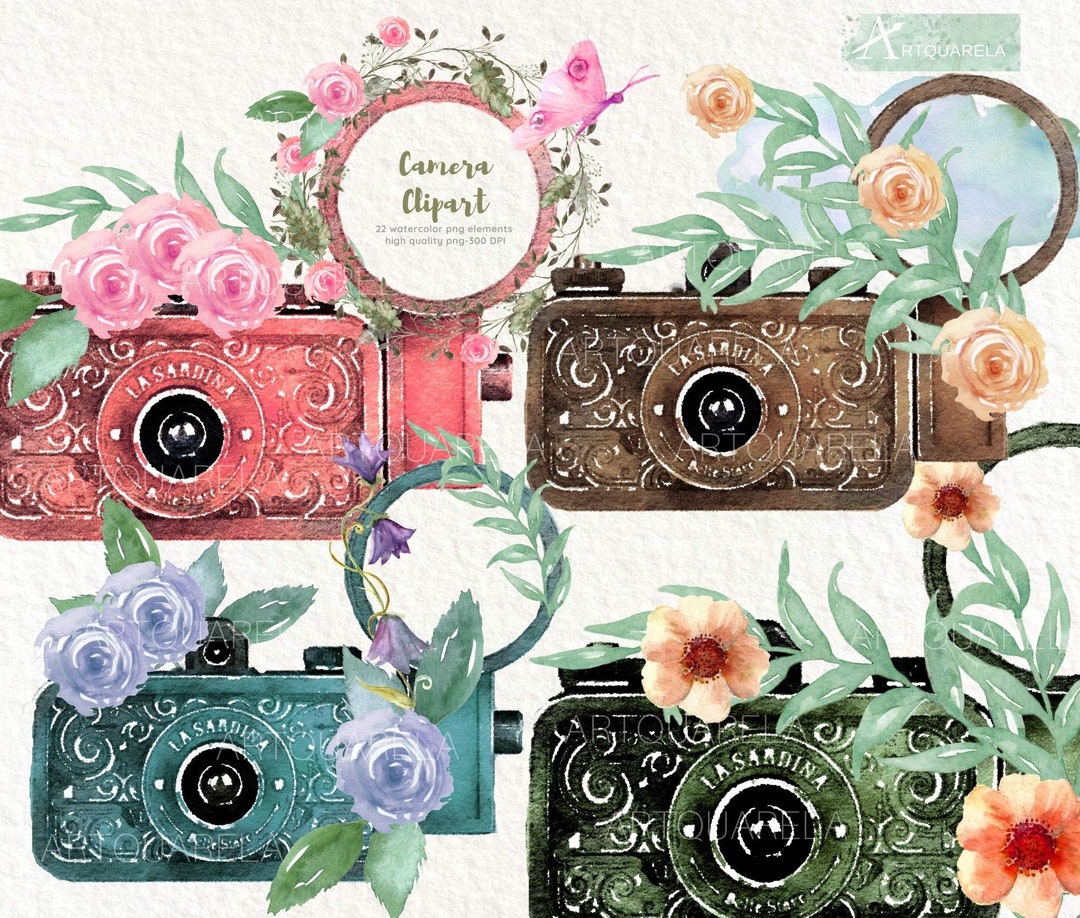 Watercolor Photocamera Clipart Set, Floral Wreaths,camera Png Boho ...