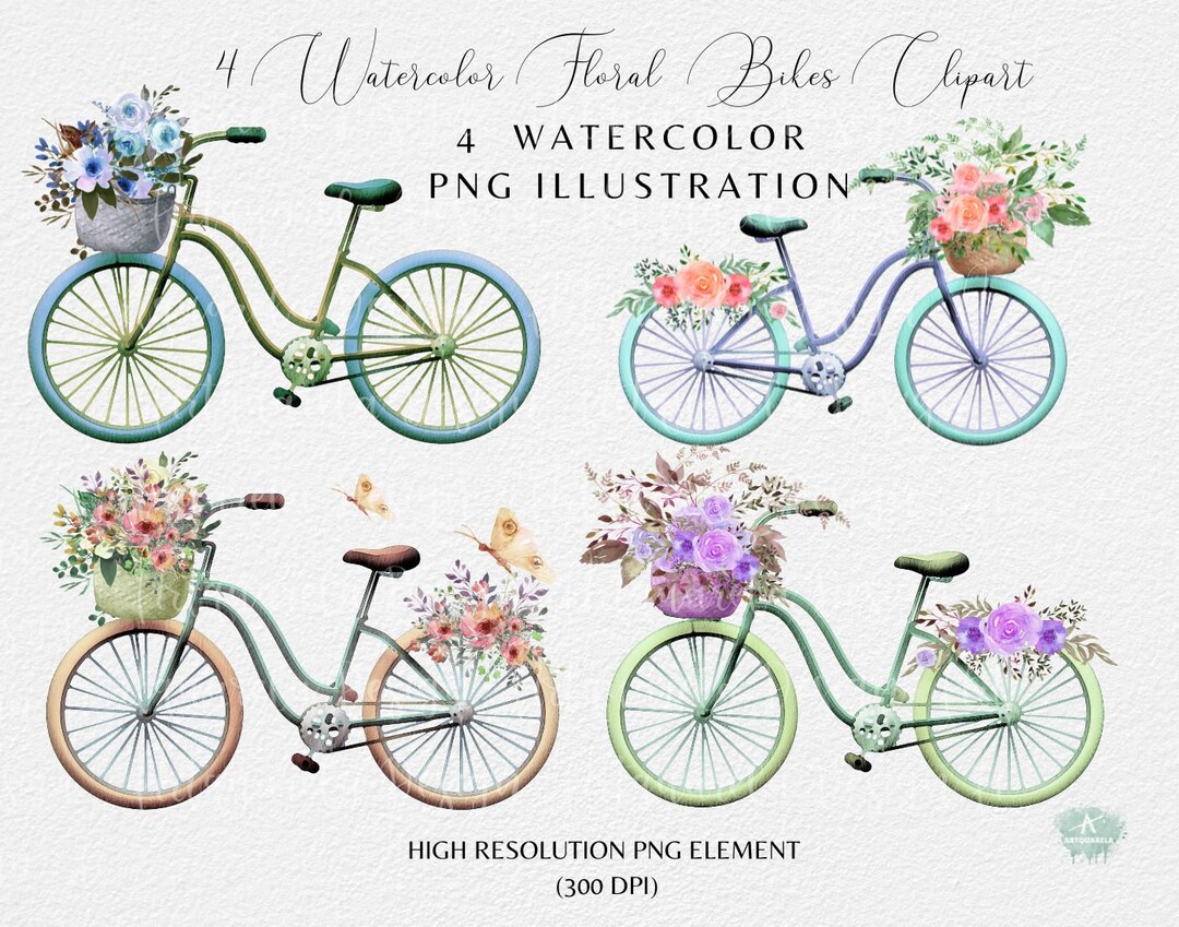 4 Floral Bicycles Clipart,watercolor Vintage Bikes PNG With Basket ...