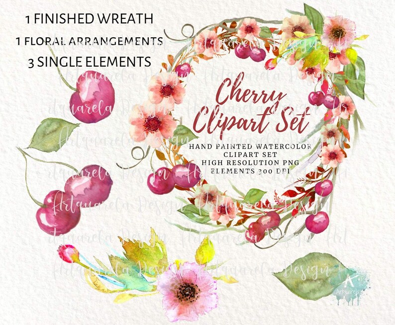 Cherries Clip Art Set Watercolor Cherry Blossom Floral Wreath - Etsy