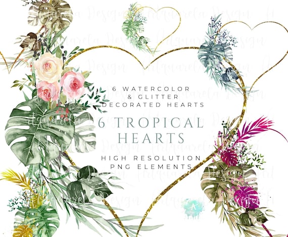6 Tropical tropical Hearts Clipart Glitter hearts with | Etsy