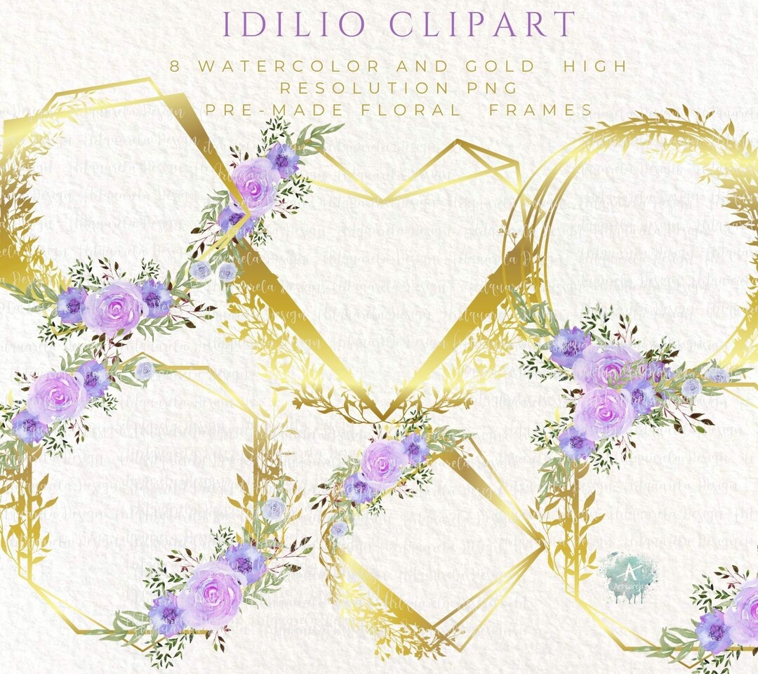 Gold Polygonal Frames Clipart,watercolor Floral Wreath Purple Flowers ...