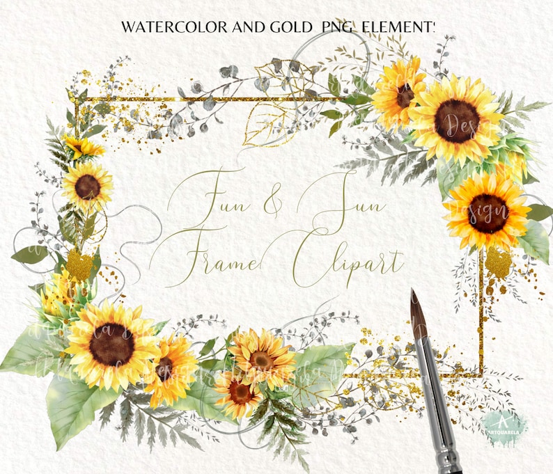 Watercololor Sunflowers Gold Frame Clipart Gold Floral Frame - Etsy