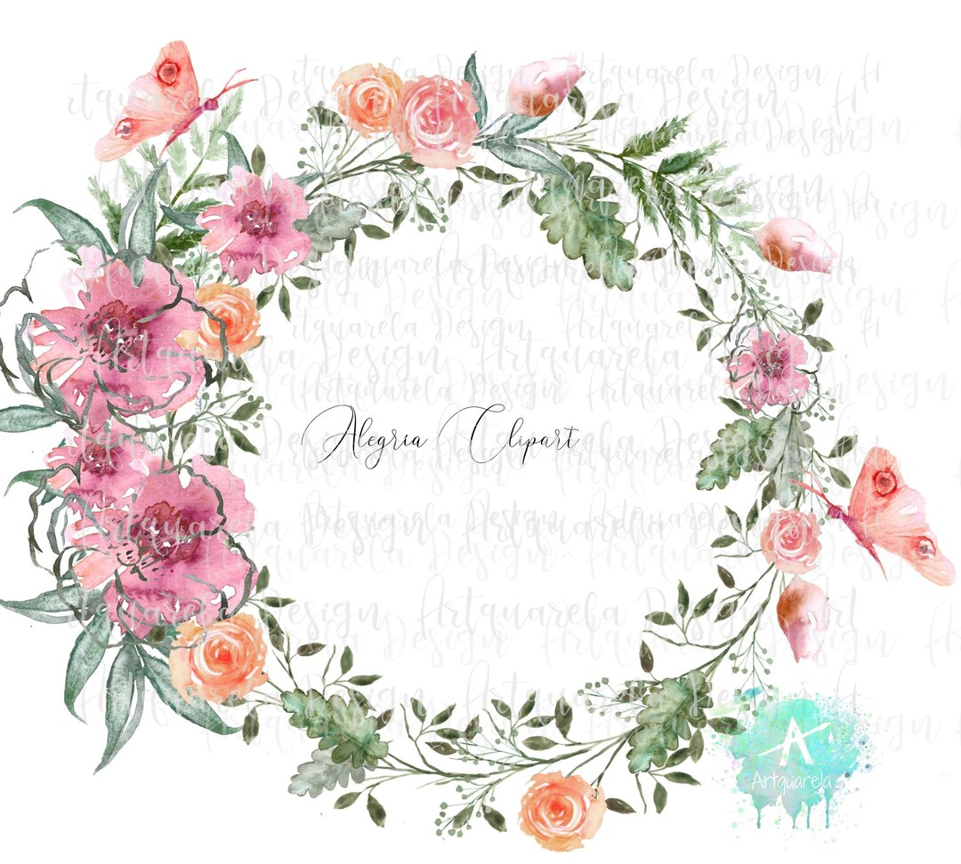 1 Watercolor Floral Clipart Wreath ,light Blush Pink Flower, Butterfly ...