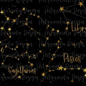 Gold Zodiac Signs Clipart,watercolor Constellations Png,blue Zodiac ...