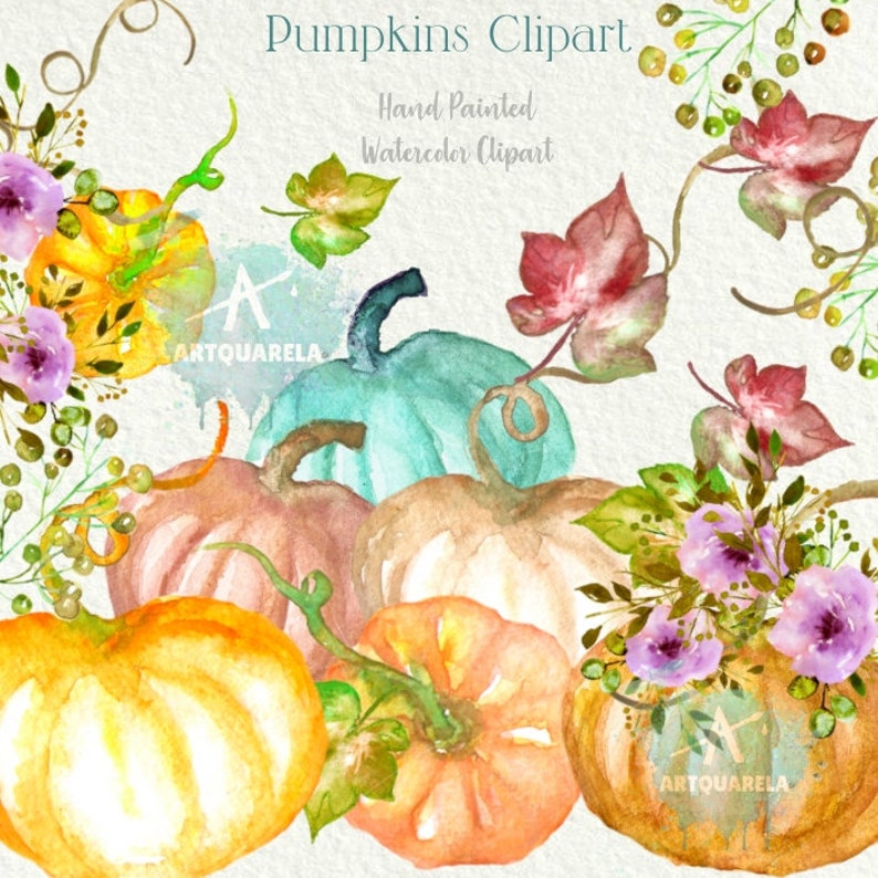 Pumpkins clipart. Hand Painted Watercolor clip Art. Fall | Etsy