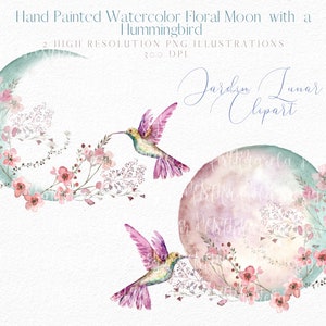 Floral Moon With a Hummingbird Clipart-watercolor Moon -cherry Blossom ...
