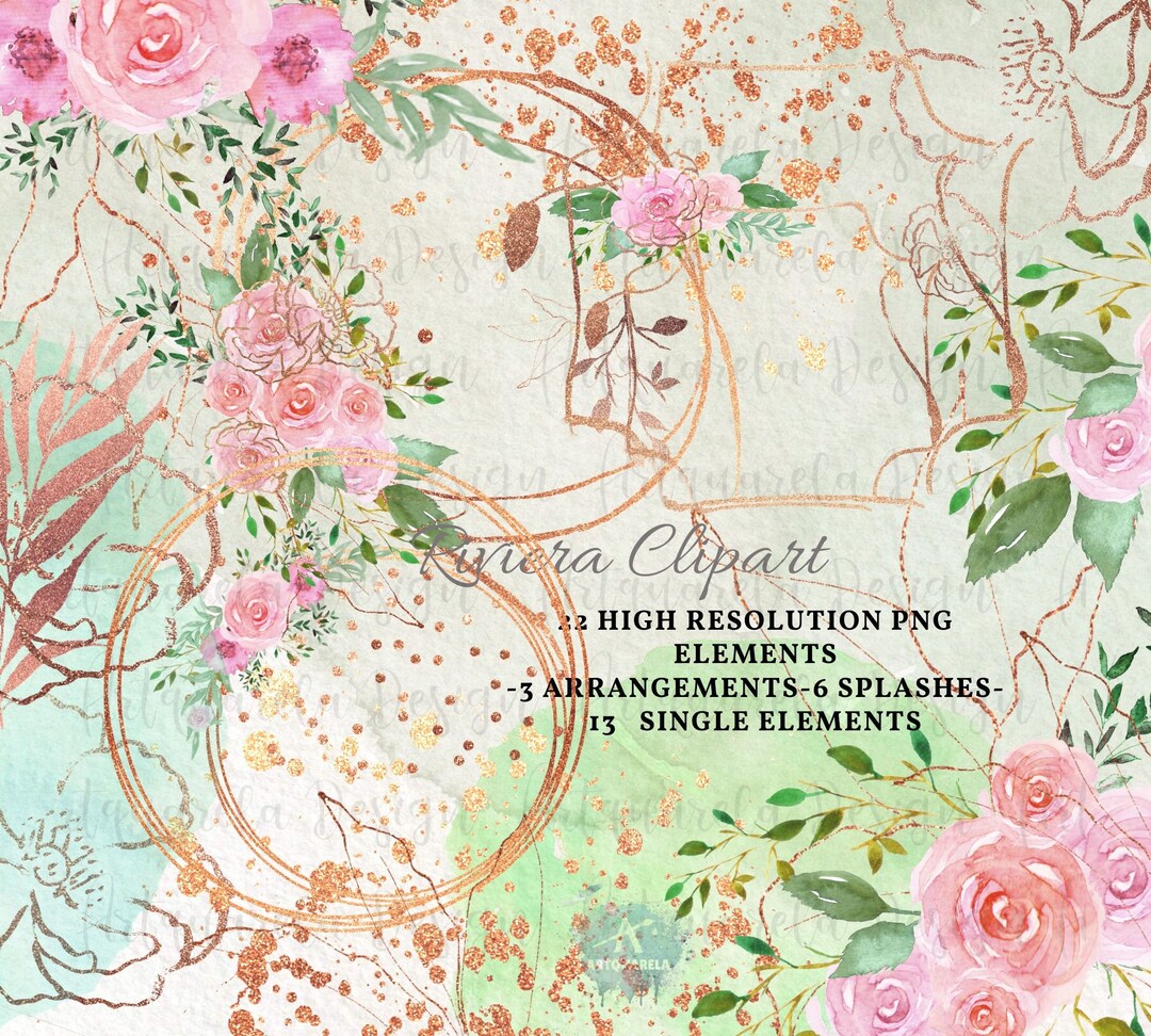 Watercolor & Rose Gold Foil Floral Set Clipart,finished Floral ...