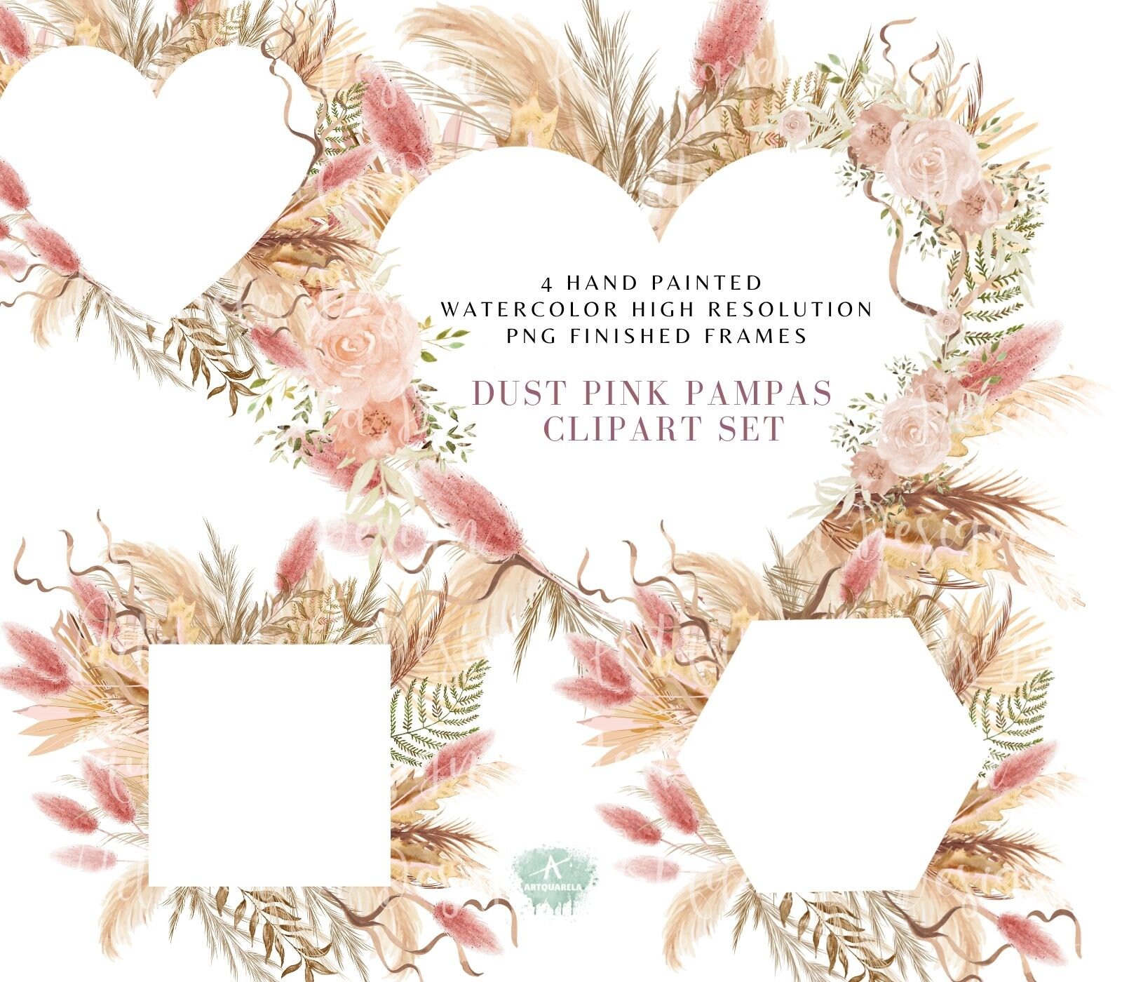 4 Watercolor Pampas Grass Frames Pampas Heart Wreath Boho - Etsy