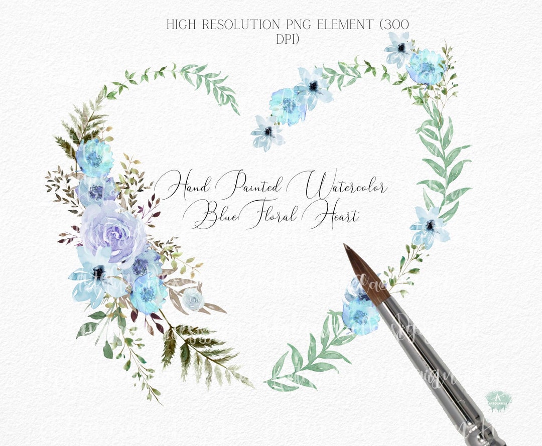 Blue Floral Heart Wreath Clipart Watercolor Light Blue Roses Boho ...