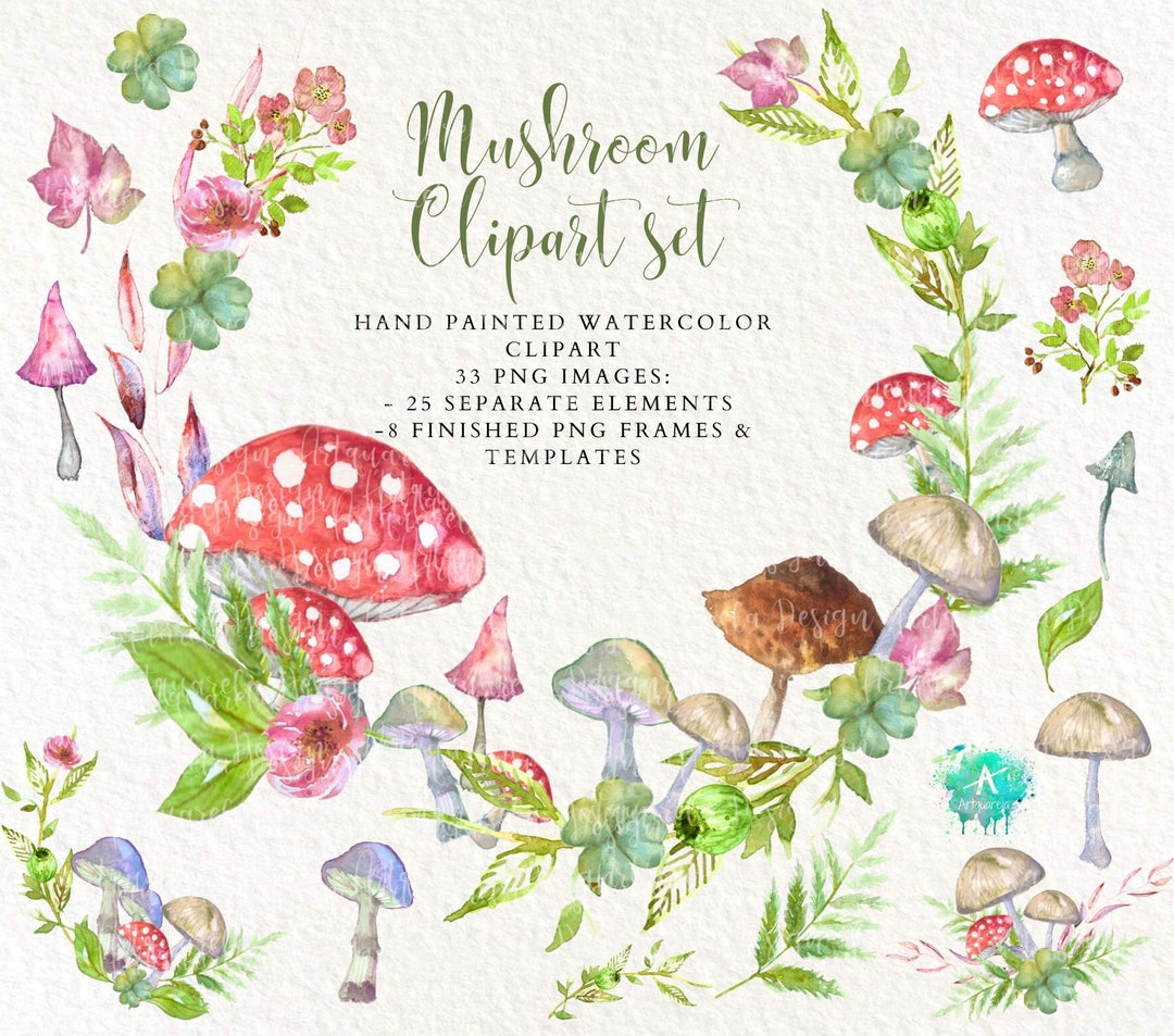 Hand Painted Watercolor Mushroom Clipart Set, Wreaths,frames Leaves ...