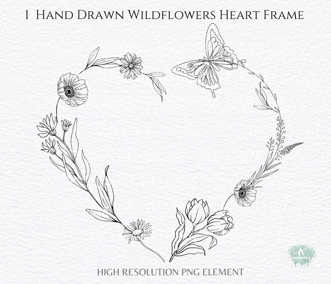 Hand Drawn Wildflowers Heart With Butterfly Frame Clipart PNG Wreath ...