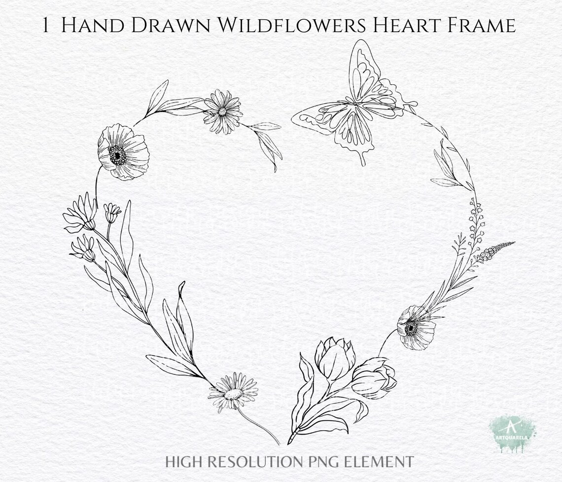Wildflower Heart Frame Clipart: Hand-drawn Butterfly PNG (digital ...