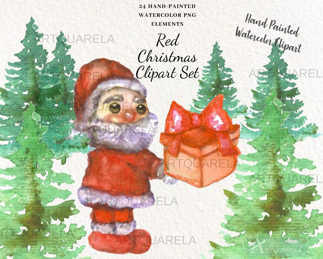 Watercolor Christmas Clipart Set, Santa, Pine Tree (PNG) - Etsy